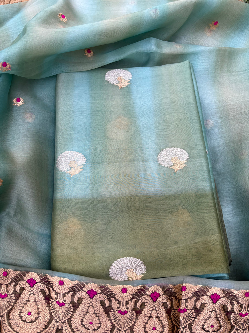 Green kora kadhwa silk 3 piece suit set – Weavers and Artisans